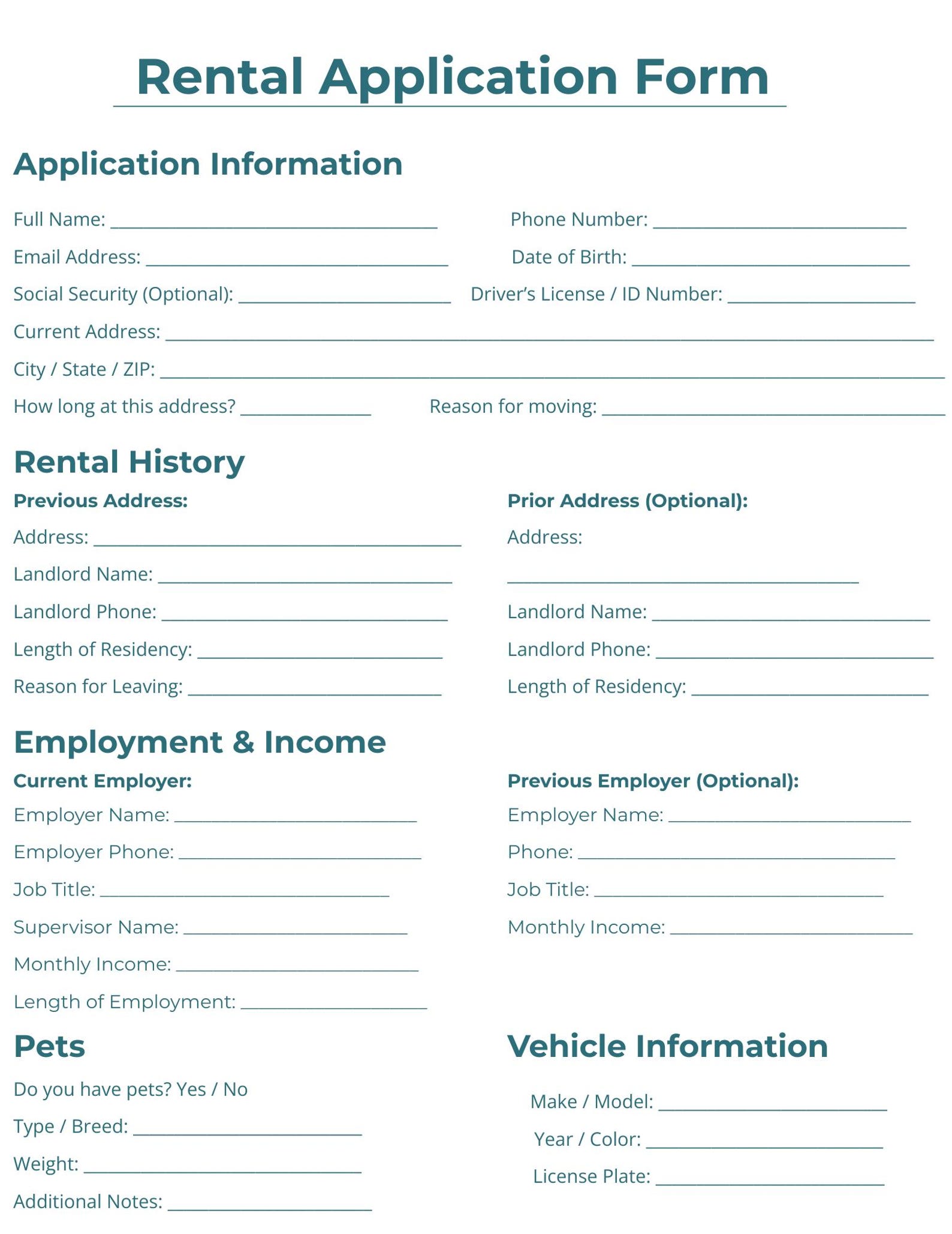 Editable Rental Application Form | Landlord Tenant Screening (PDF ...