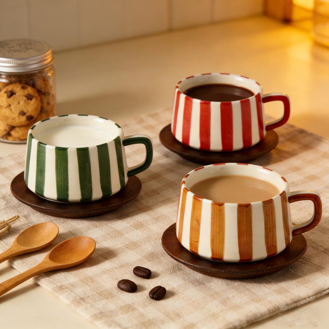 Handmade Ceramic Mug – Striped Coffee Cup, Minimalist Tea Tumbler, Wavy ...