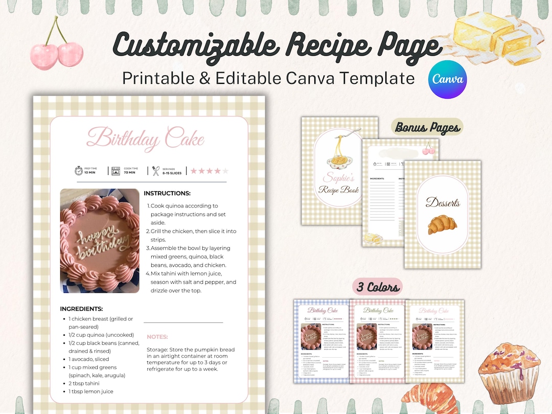 Editable Farmhouse Recipe Card Template | Canva Cookbook Pages (digital ...