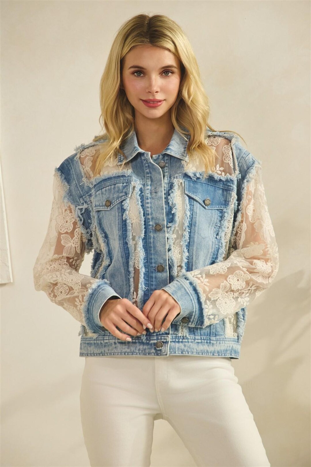 NEW Custom Denim Jacket With Embellished Floral Organza Inset SM-LG ...