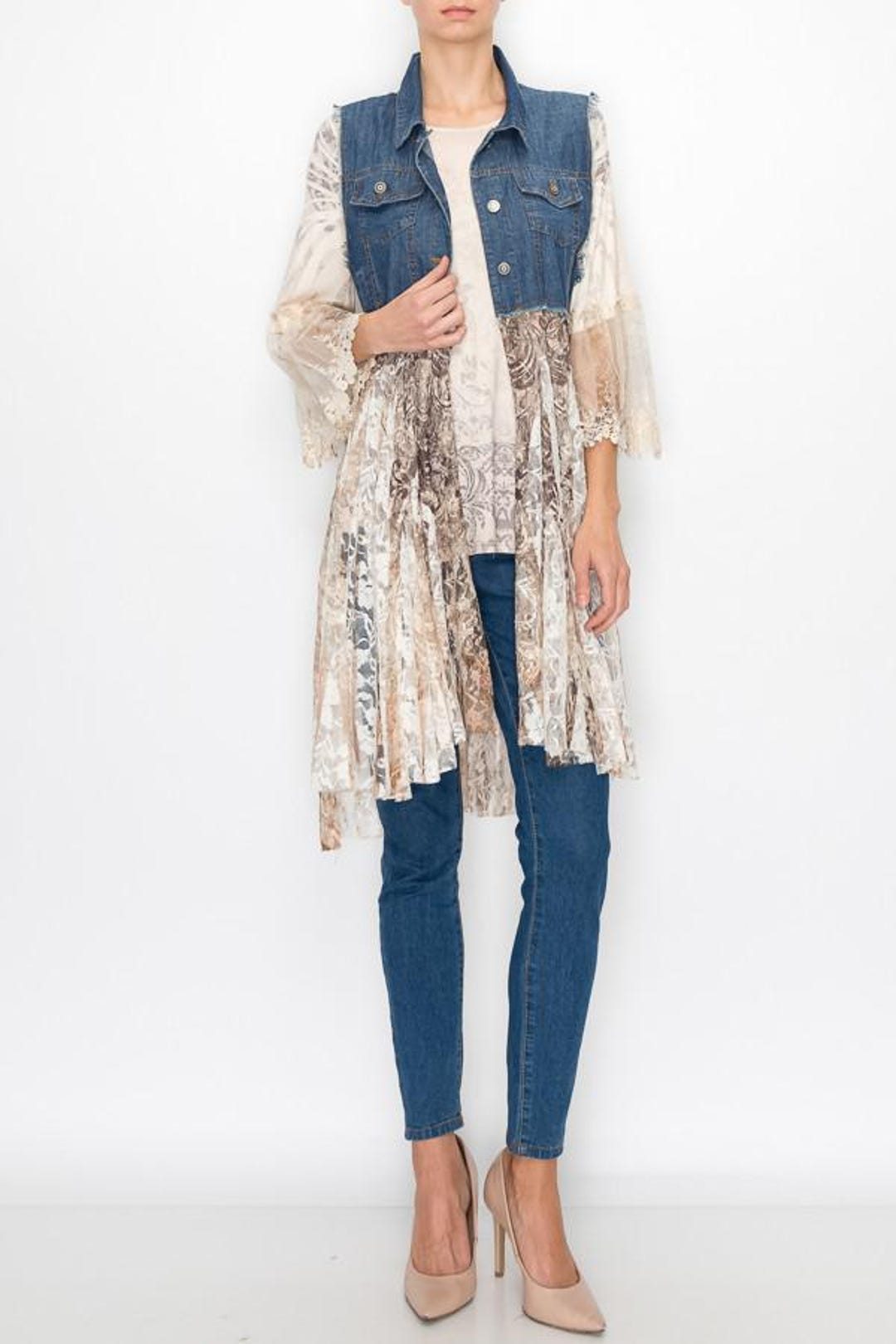 Denim Top Duster Vest Shirt Taupe Lace Bottom - Cardigan Wrap Shirt ...