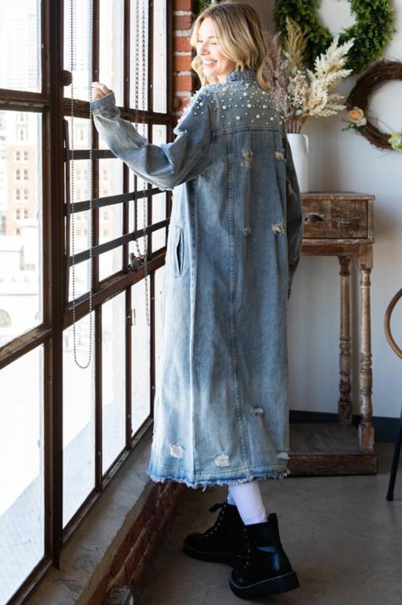 Maxi Denim Jean Custom DUSTER Jacket Pearls Rhinestone Crystals ...