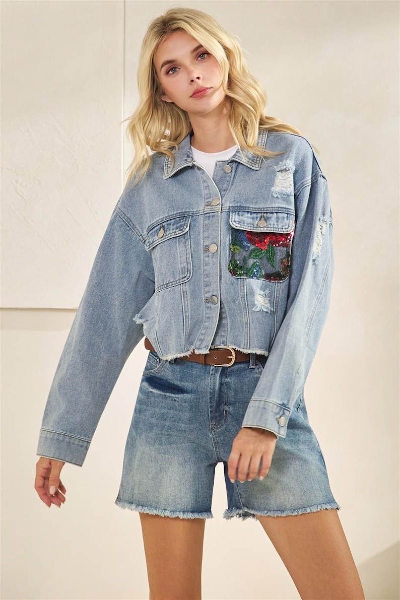 NEW Custom Embellished Denim Jacket With Back Floral Sequins SM-LG ...