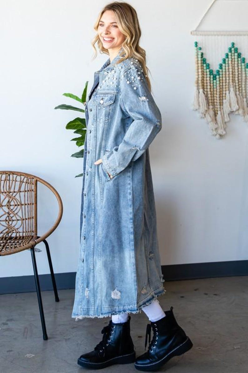 Maxi Denim Jean Custom DUSTER Jacket Pearls Rhinestone Crystals ...