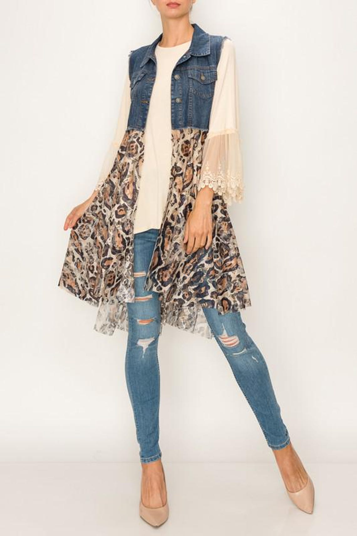 Denim Top Duster Vest Leopard Animal Print Lace Bottom - Cardigan Wrap ...