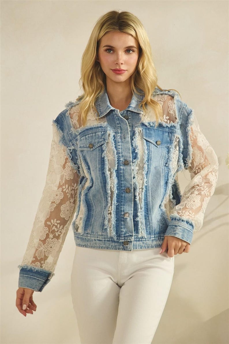 NEW Custom Denim Jacket With Embellished Floral Organza Inset SM-LG ...