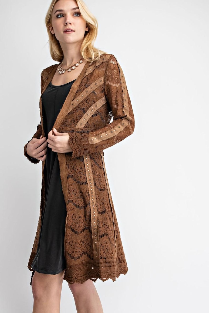 VOCAL Cardigan Sweater Wrap Dress Cover Suede & Lace Chic (SM-3X) Natural (4-colors) Boho Chic ...
