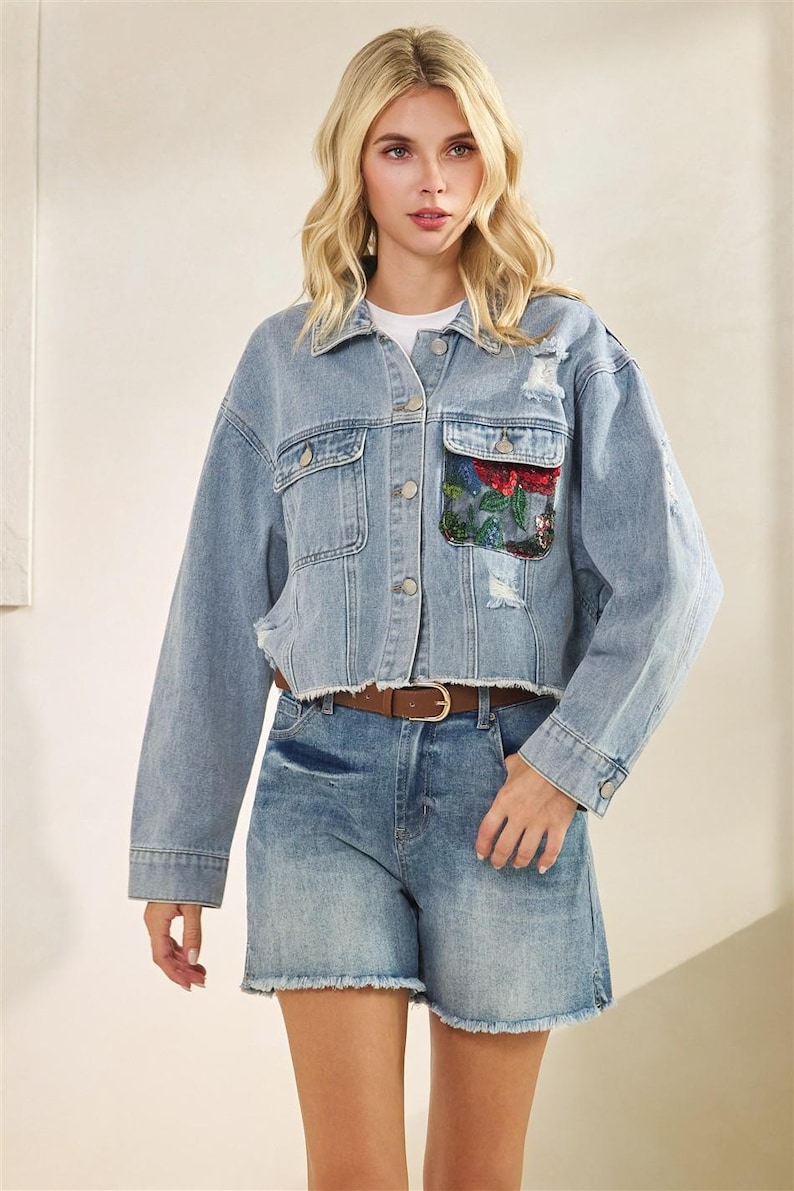 NEW Custom Embellished Denim Jacket With Back Floral Sequins SM-LG ...