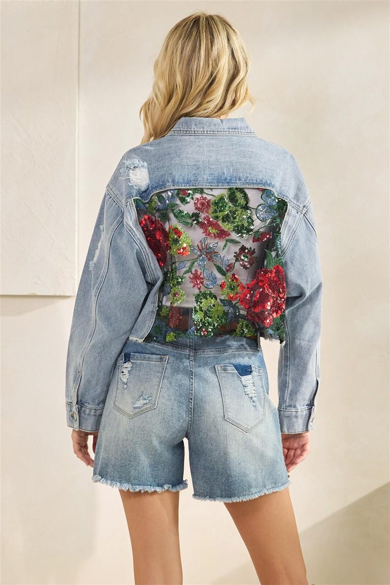 NEW Custom Embellished Denim Jacket With Back Floral Sequins SM-LG ...