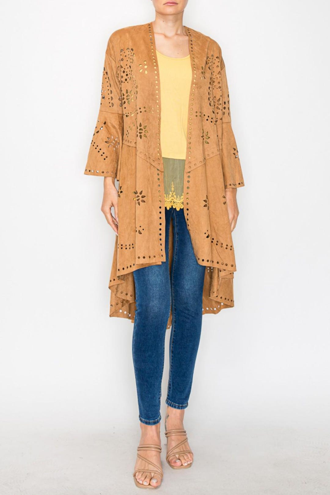 New Faux Suede Cardigan Duster Rodeo Queen Boho Jacket Coat Laser Cut ...