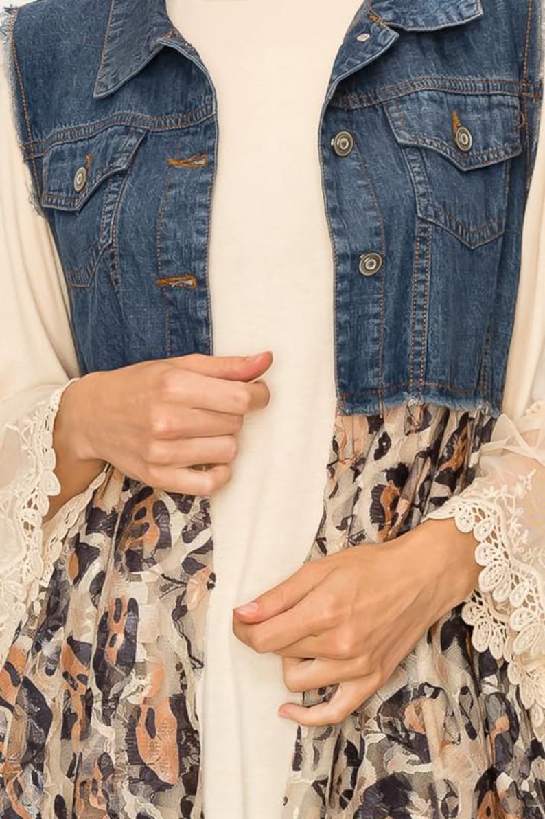 Denim Top Duster Vest Leopard Animal Print Lace Bottom - Cardigan Wrap ...