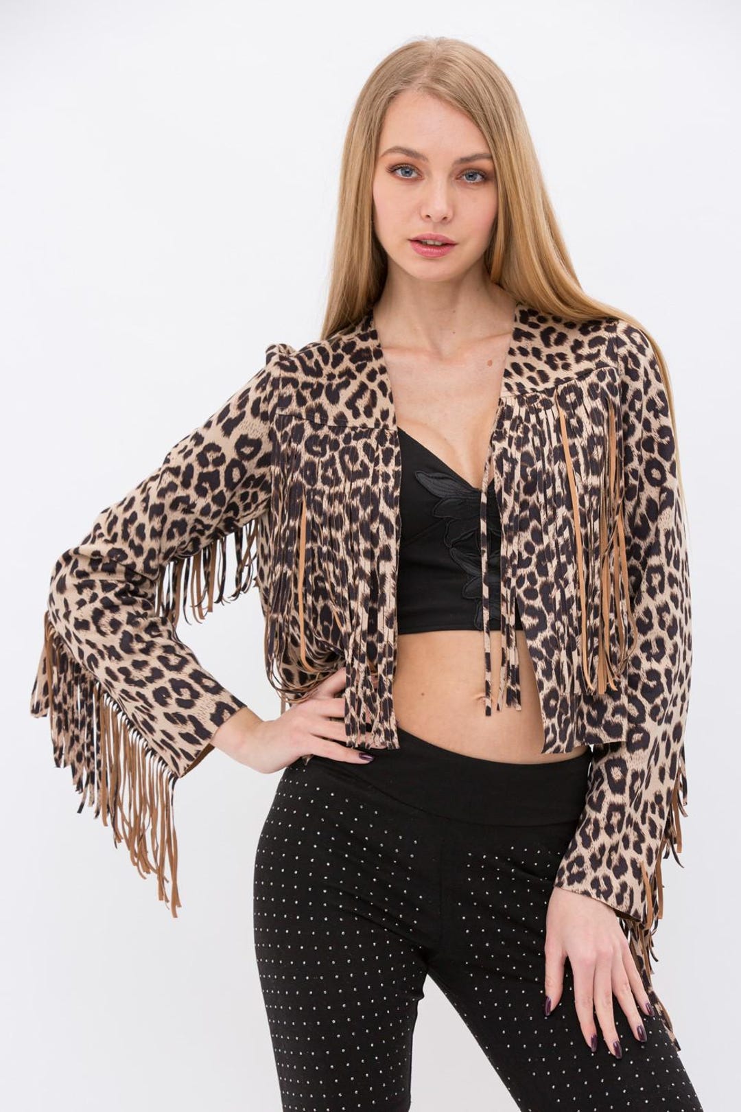 VOCAL Leopard Animal Print Fringe Tassels - Western Rodeo Cropped ...