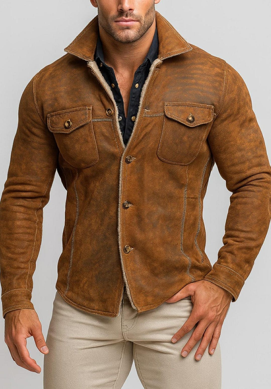 Men’s Brown Suede Shearing Jacket | Genuine Leather Fur Lined Jacket ...