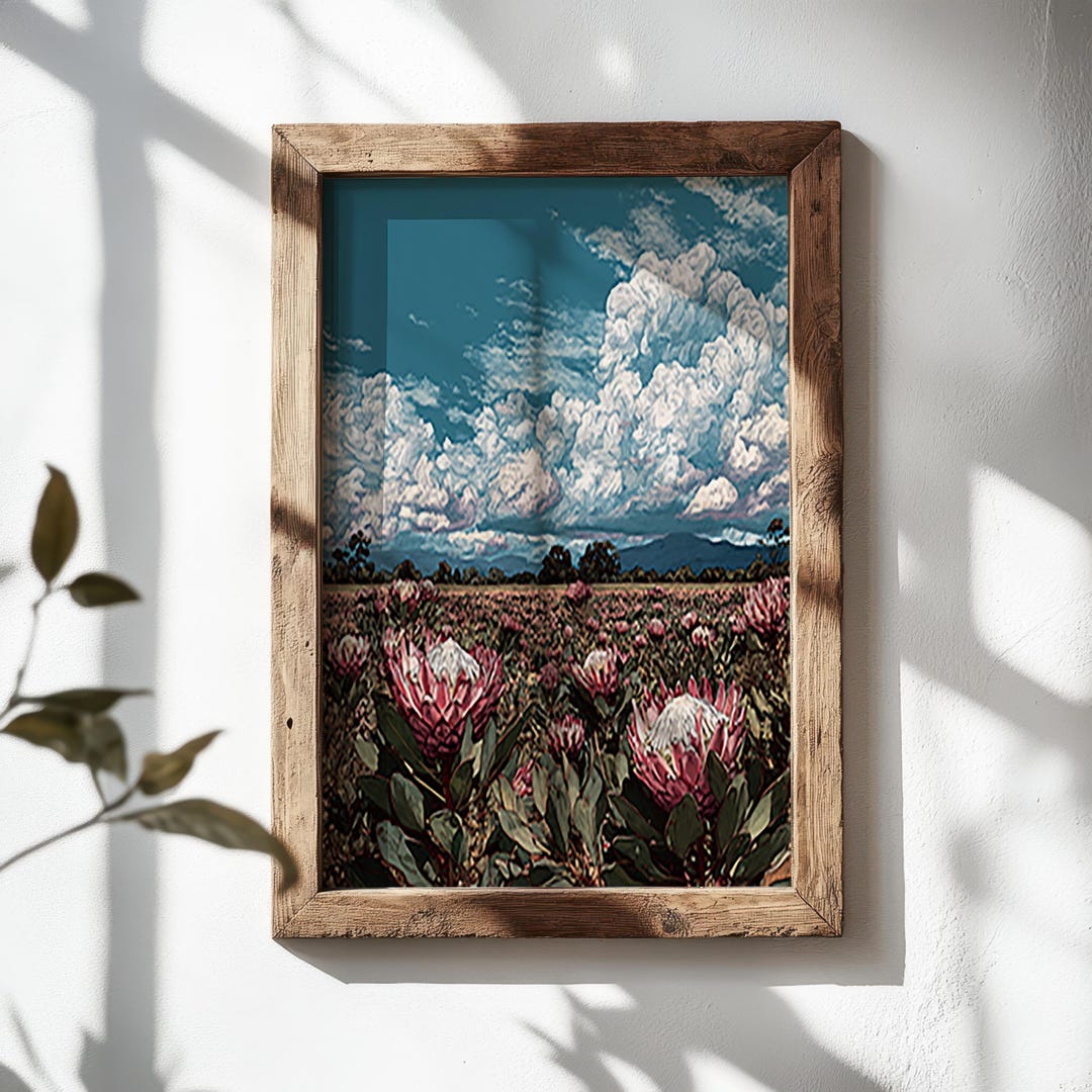 Protea Field Illustration Matte Poster | Floral Landscape Wall Art - Etsy