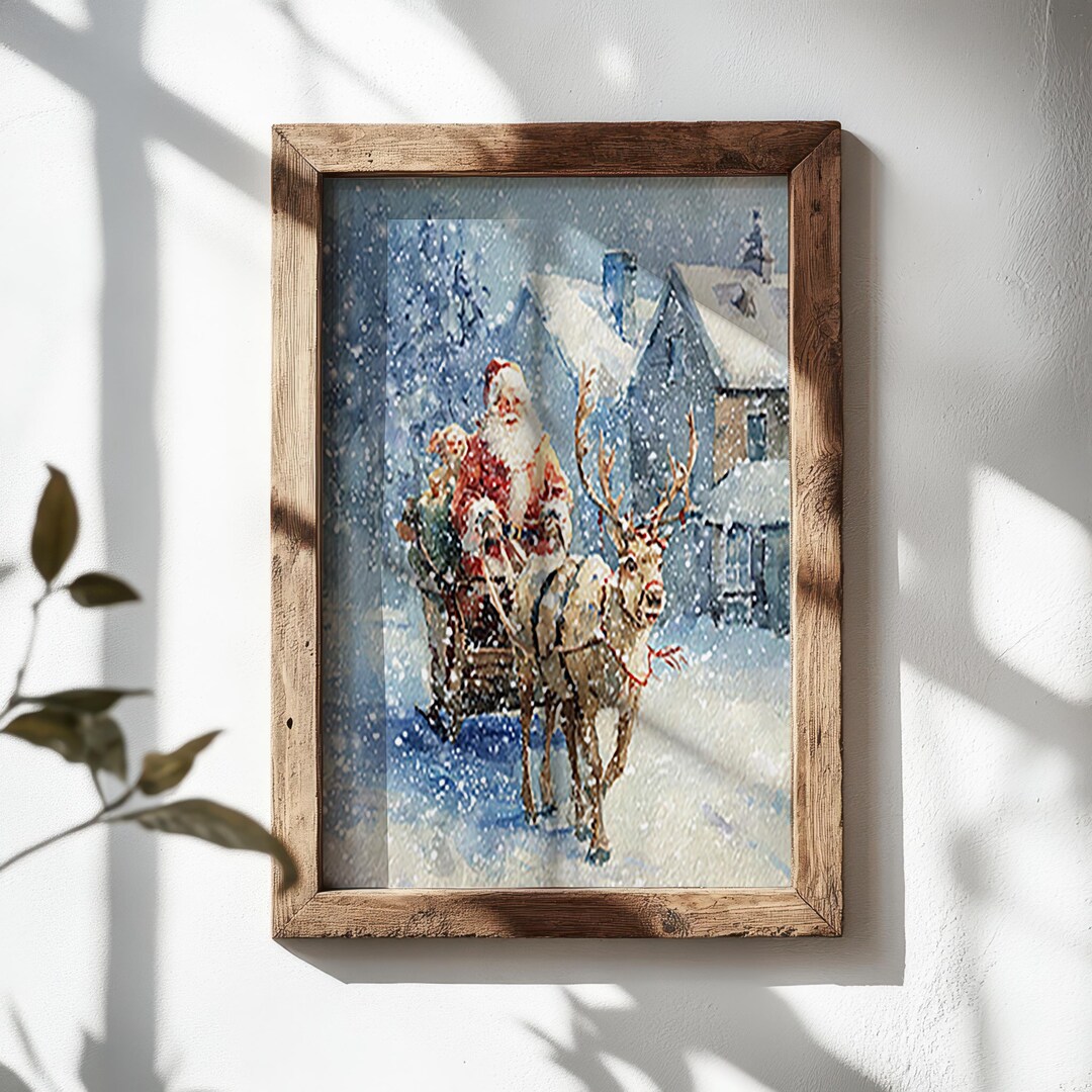 Santa and Elf Sleigh Ride Matte Poster | Snowy Village Holiday Wall Art ...