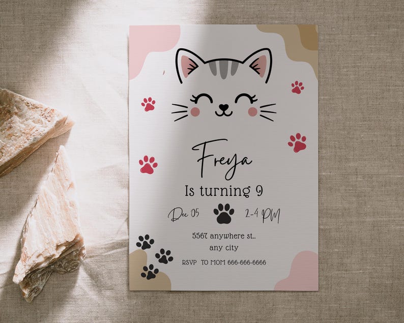 Editable Kitty Cat Birthday Invitation Template, Cute Paw Party Invite ...