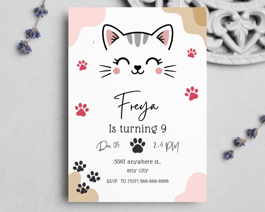 Editable Kitty Cat Birthday Invitation Template, Cute Paw Party Invite ...