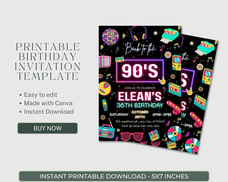 Editable 90s Neon Birthday Party Invitation 5x7 Printable Canva ...