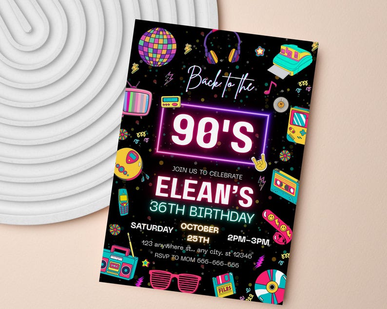 Editable 90s Neon Birthday Party Invitation 5x7 Printable Canva ...