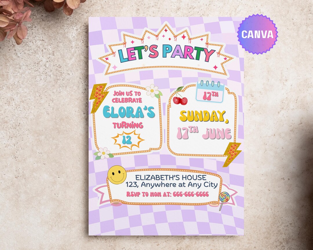 Editable Preppy Birthday Invitation Template Retro Pastel Checkered ...