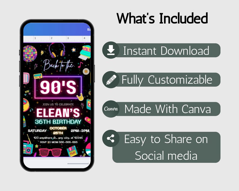 Editable 90s Neon Birthday Party Invitation 5x7 Printable Canva ...