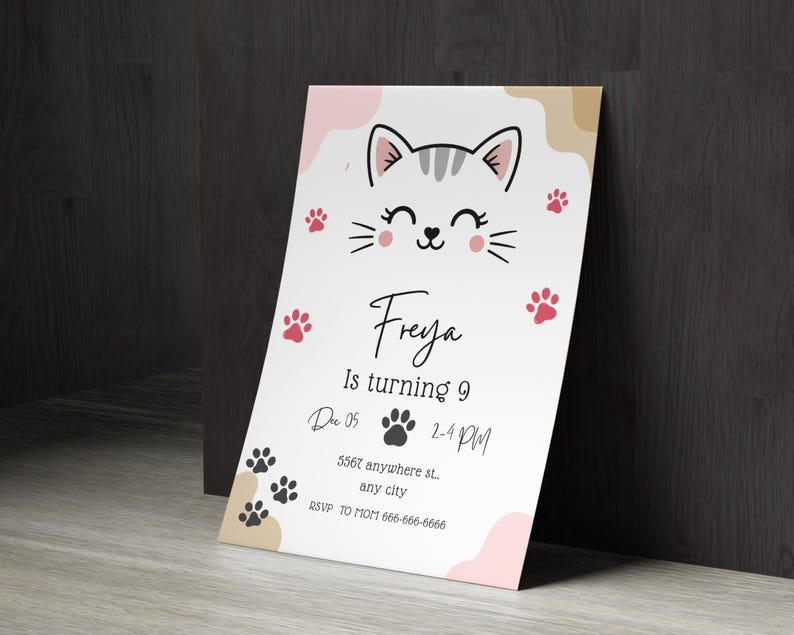 Editable Kitty Cat Birthday Invitation Template, Cute Paw Party Invite ...