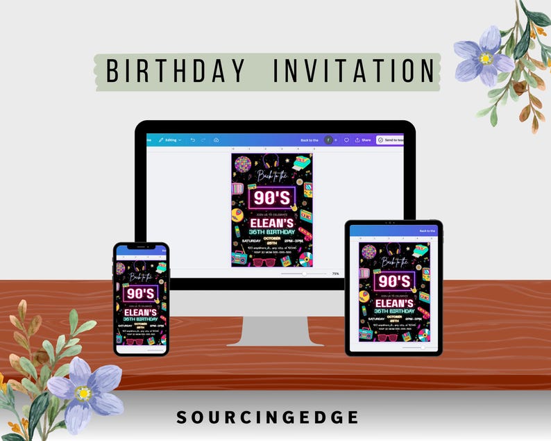 Editable 90s Neon Birthday Party Invitation 5x7 Printable Canva ...