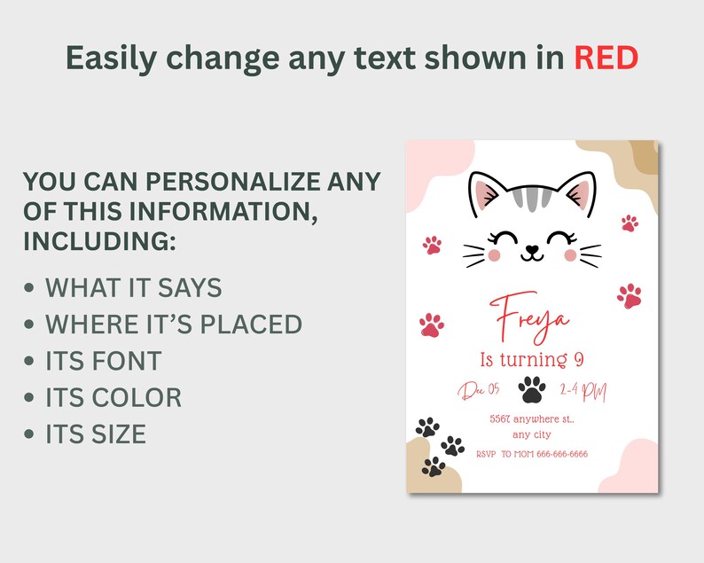 Editable Kitty Cat Birthday Invitation Template, Cute Paw Party Invite ...