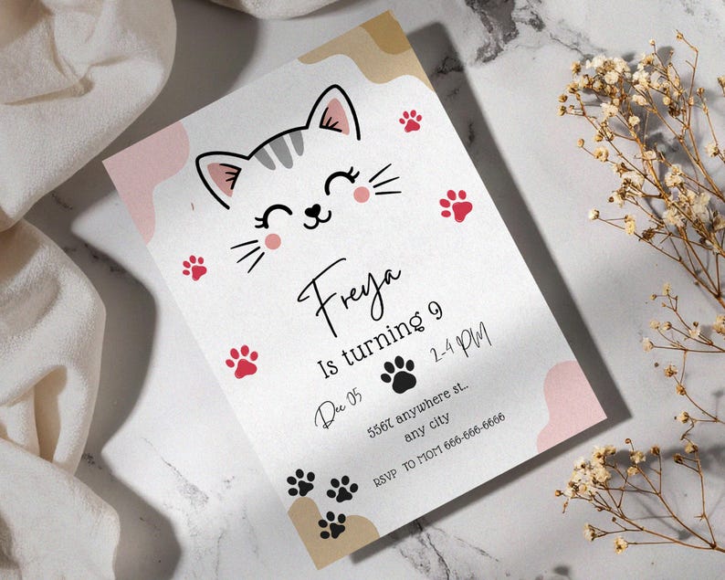 Editable Kitty Cat Birthday Invitation Template, Cute Paw Party Invite ...
