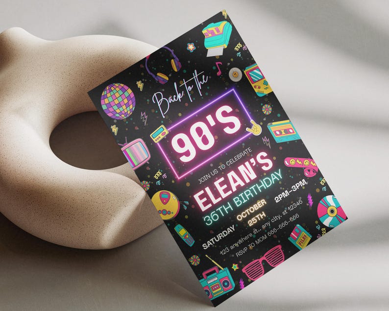 Editable 90s Neon Birthday Party Invitation 5x7 Printable Canva ...