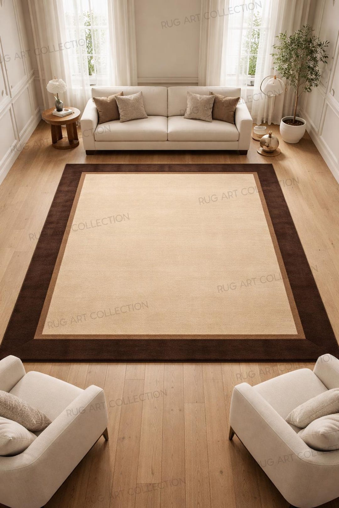 Modern Beige Brown Geometric Border Hand Tufted Wool Area Rug for ...