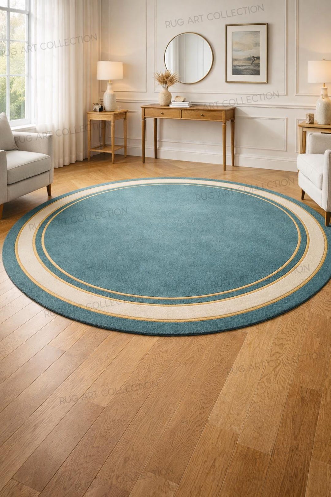 Handmade Patina Blue Wool Round Area Rug Ivory Gold Border Modern Plush ...