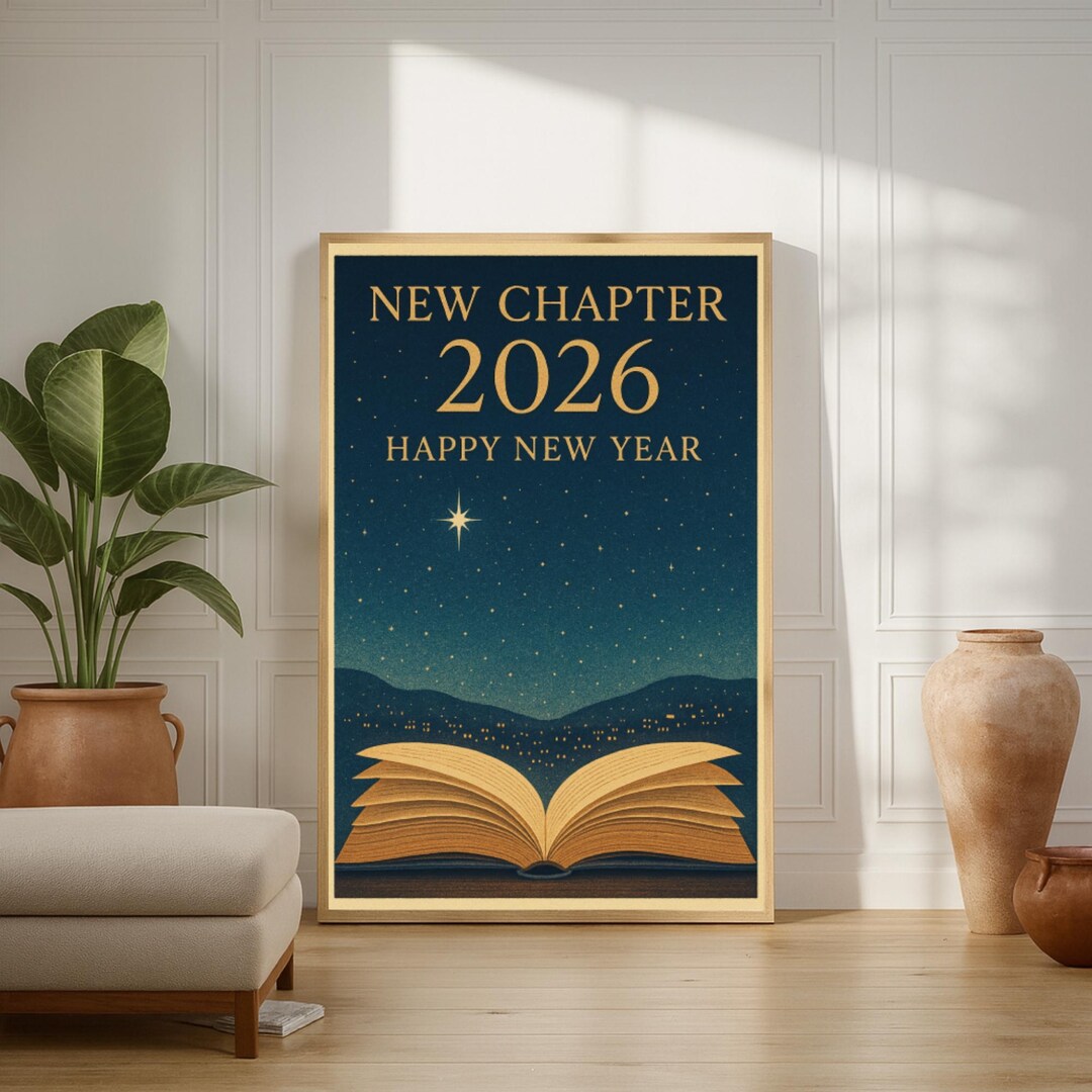 New Chapter 2026 New Year Printable – Open Book Night Sky Digital Wall ...
