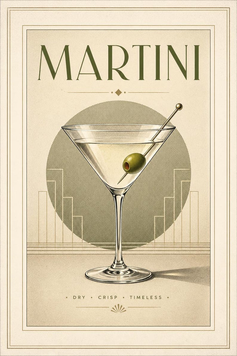Martini Cocktail Poster, Vintage Bar Printable Wall Art Digital ...