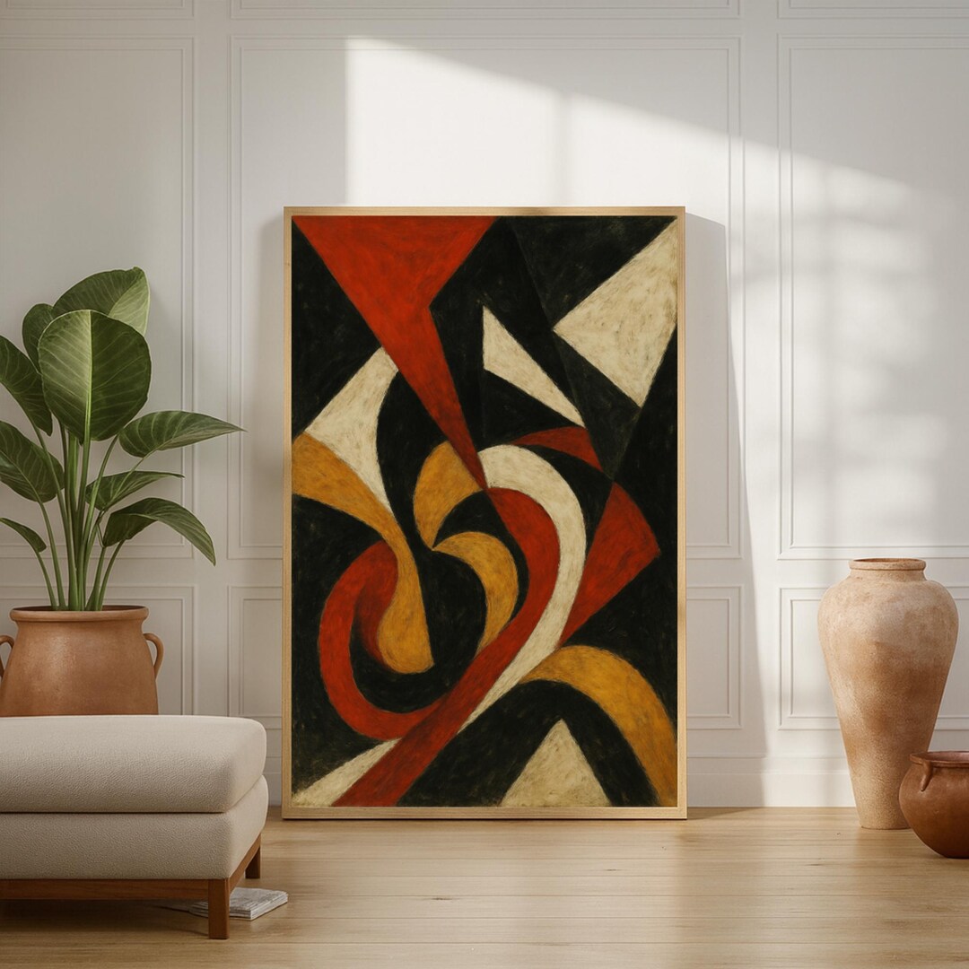 Kinetic Geometry Abstract Art Poster – Noir, Crimson, Ochre Print ...