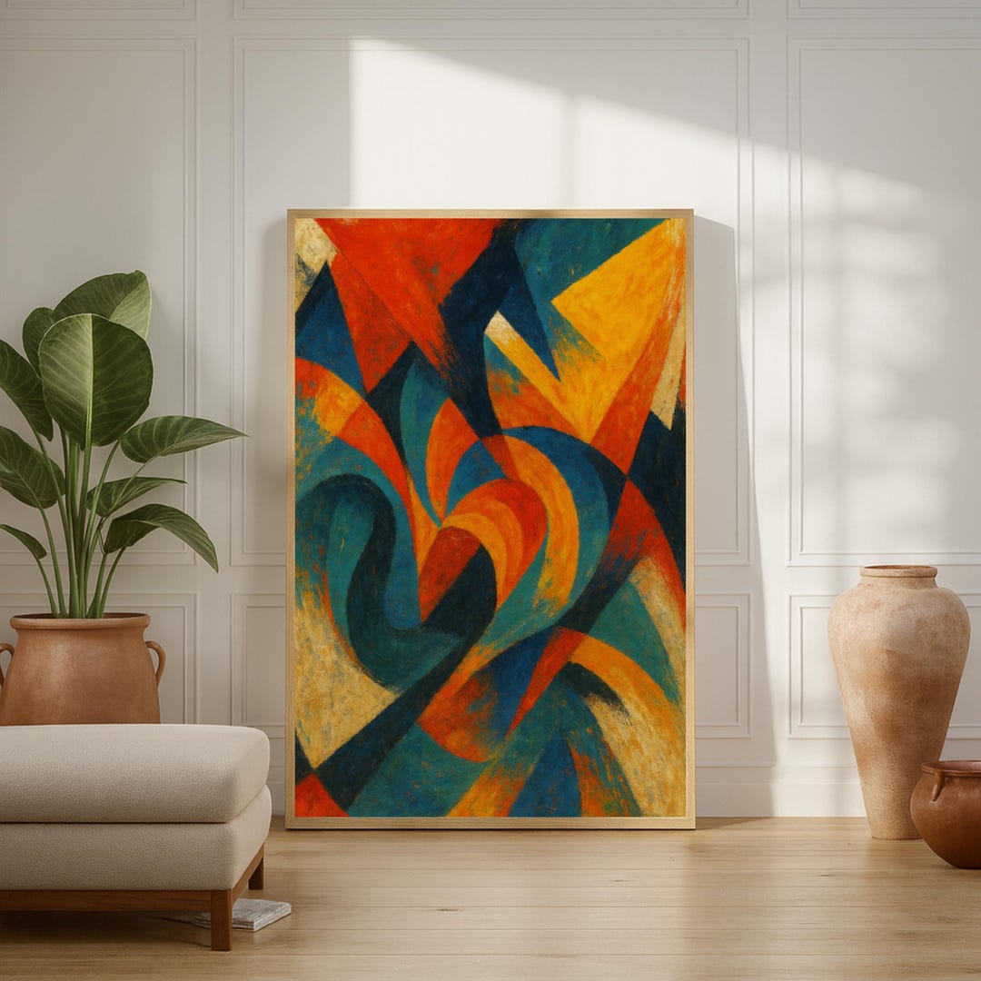 Kinetic Geometry Abstract Poster — Teal & Burnt Orange Textured ...