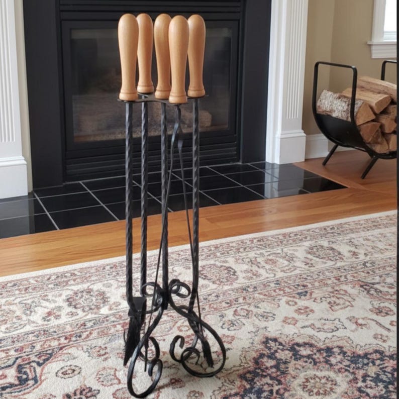 Hand Forged Iron Fireplace Tool Set – Rustic Wooden Handles, 5 Piece - Etsy