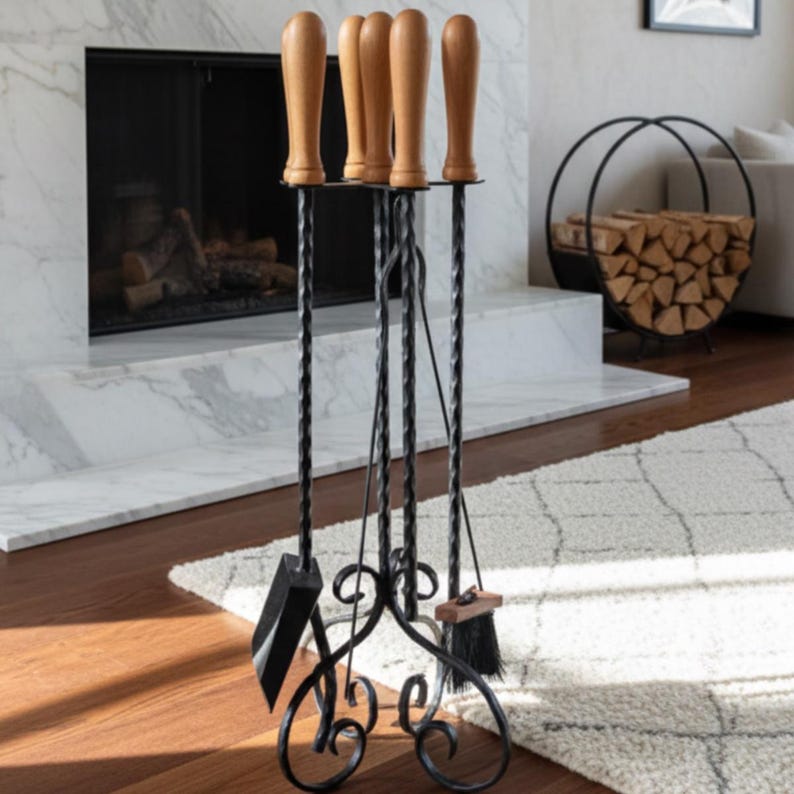 Hand Forged Iron Fireplace Tool Set – Rustic Wooden Handles, 5 Piece - Etsy