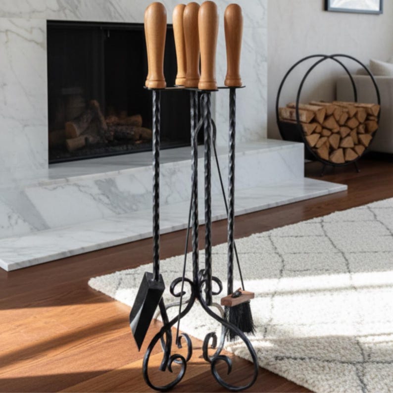 Hand Forged Iron Fireplace Tool Set – Rustic Wooden Handles, 5 Piece - Etsy
