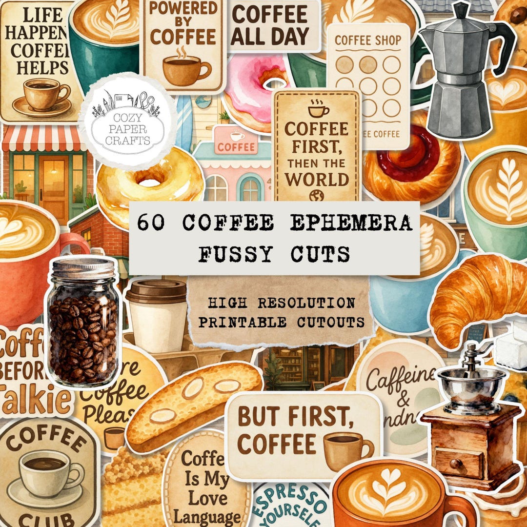 Coffee Fussy Cuts Printable, Watercolor Coffee Ephemera, Cozy Cafe Shop ...