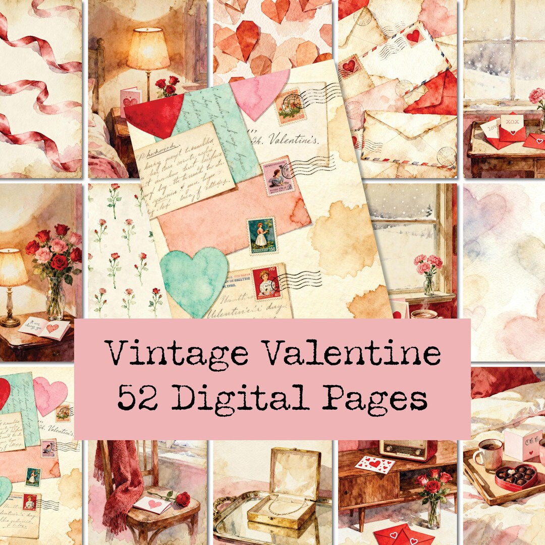 Red & Pink Vintage Valentine Digital Papers, Junk Journal Printable ...