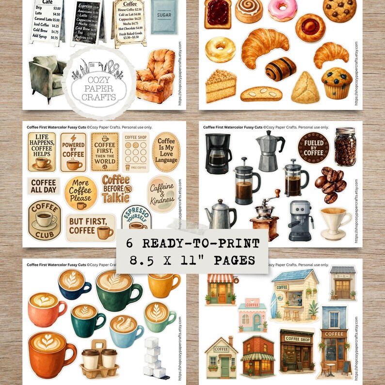 Coffee Fussy Cuts Printable, Watercolor Coffee Ephemera, Cozy Cafe Shop ...