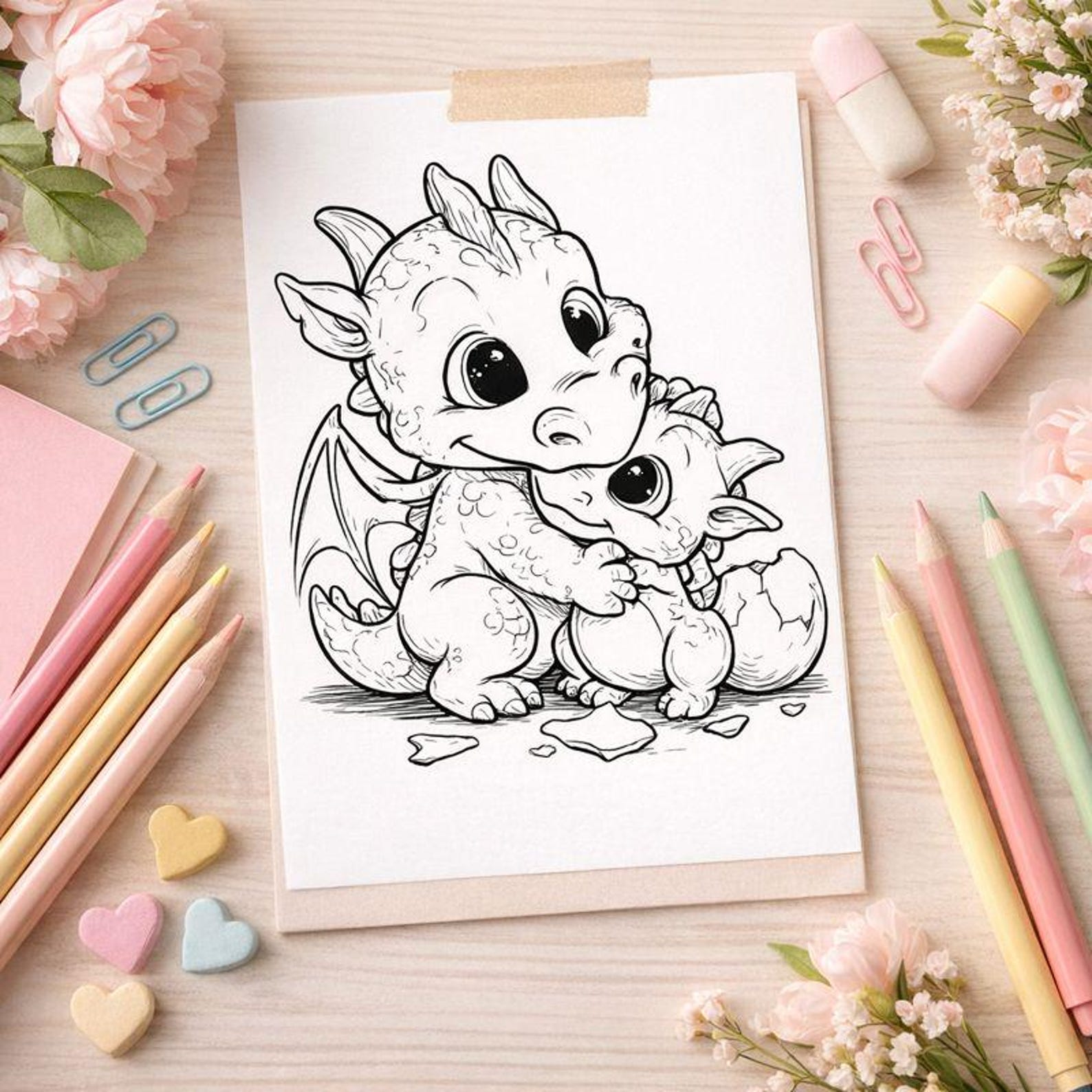 Cute Baby Dragons Coloring Page – Sister Hugging Little Brother - Etsy