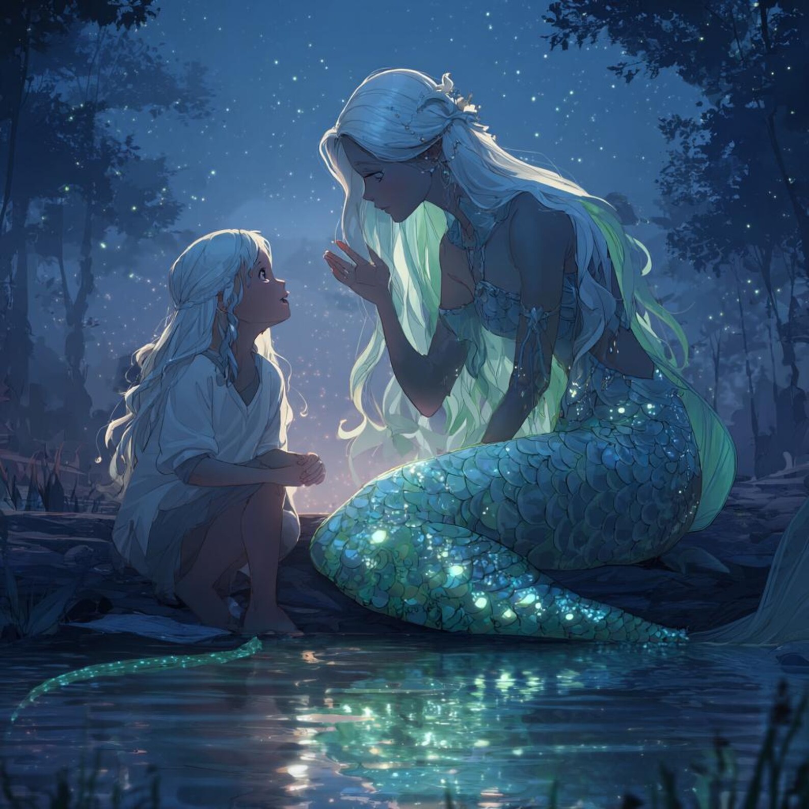 Moonlit Mermaid Encounter – Fantasy Printable Art of a Girl and Water ...