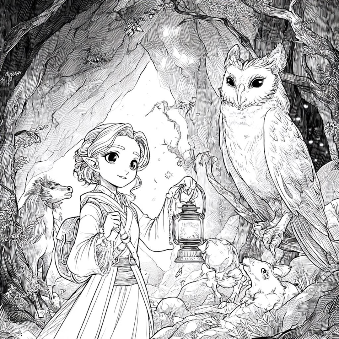 Elf Girl Coloring Page – Magical Forest Guardian Scene – Fantasy Line ...