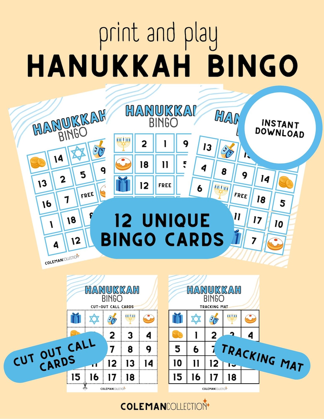 Hanukkah Bingo Printable Game for Kids | 12 Cards + Call Cards ...