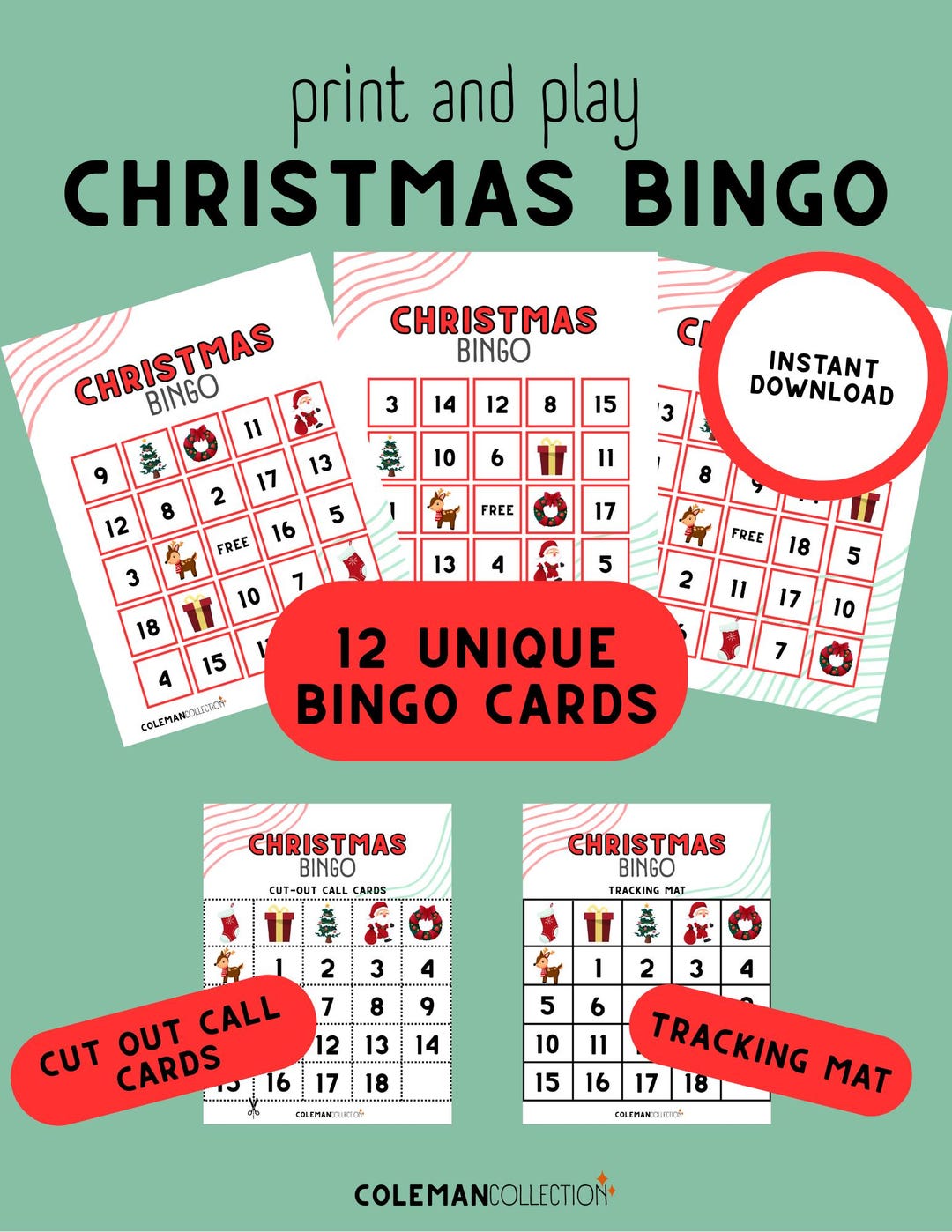 Christmas Bingo Printable Game for Kids | 12 Cards + Call Cards ...