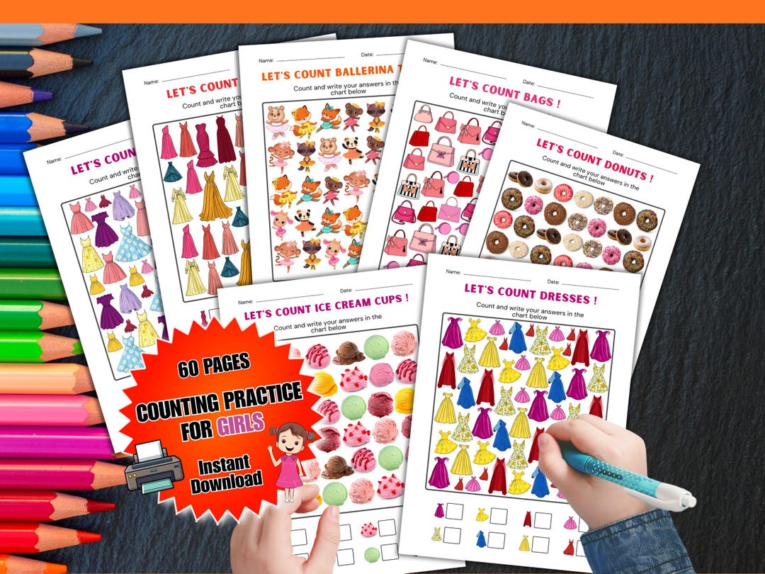 Counting Worksheets for Girl | 60 PDF Seek & Find | Preschoolcurriculum ...