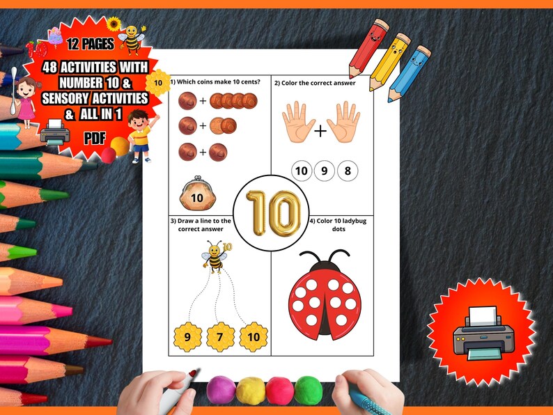 Number 10 Math Worksheets | Preschool Activity Learning Bundle | Fine ...