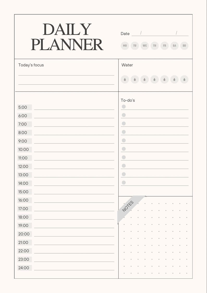 Minimalist Daily Planner Printable | Hourly Schedule Template | Undated ...